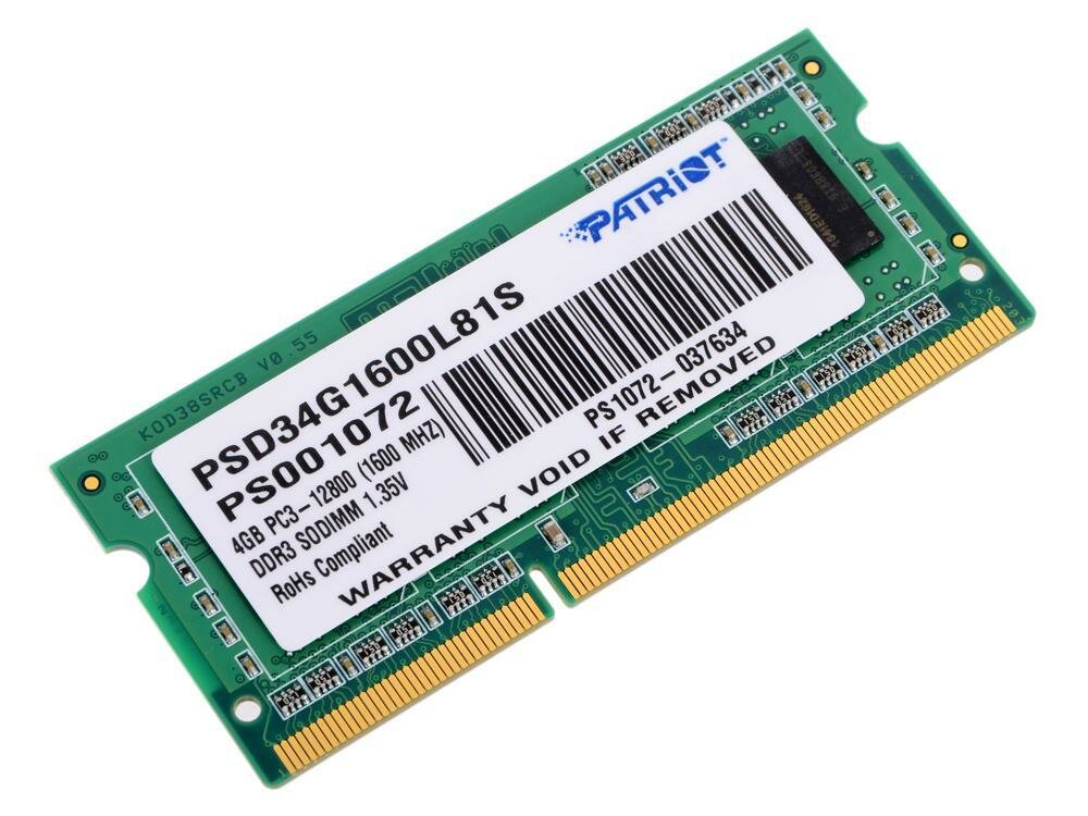 Оперативная память для ноутбука 4Gb (1x4Gb) PC3-12800 1600MHz DDR3L SO-DIMM Unbuffered CL11 Patriot PSD34G1600L81S