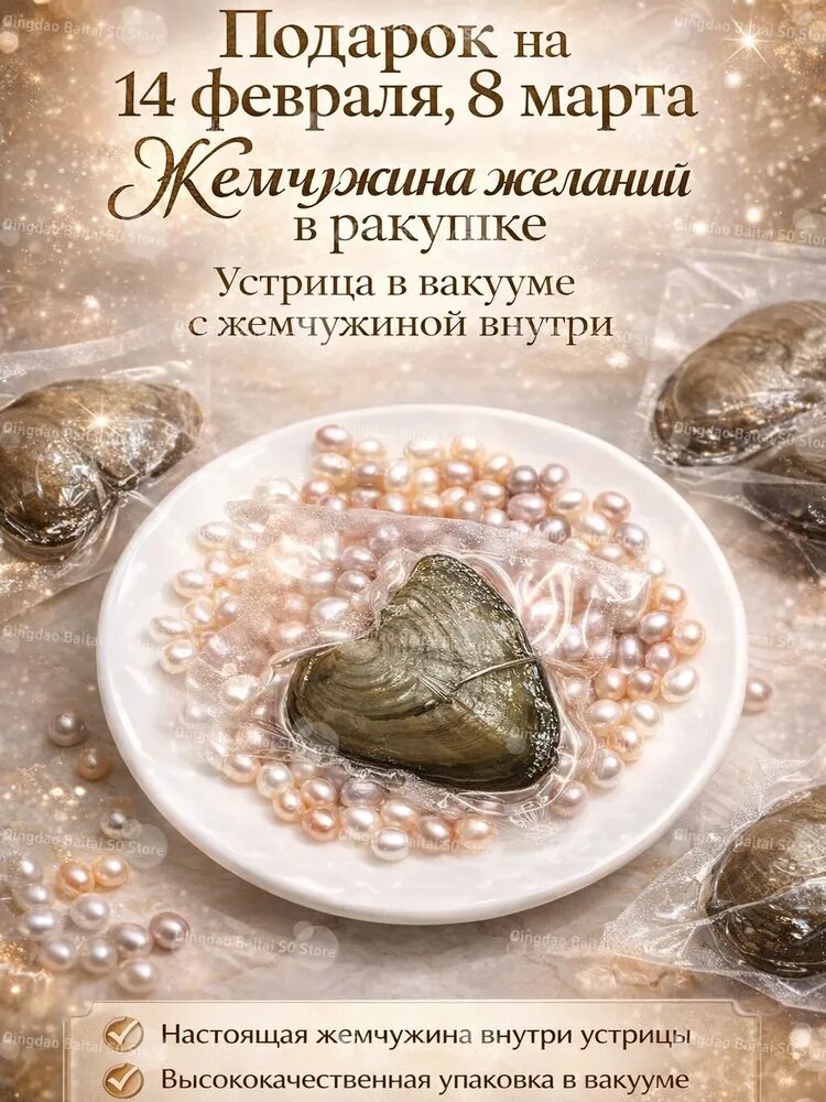 Подарок на 14 февраля, 8 марта Жемчужина желаний в ракушке, устрица в вакууме с жемчужиной внутри