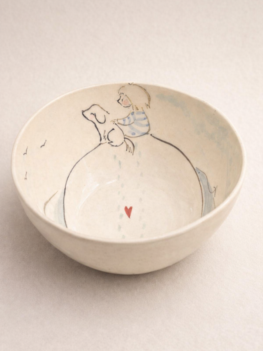 Пиала ручной работы надо ЖЕ с росписью «Девочка с собачкой», белая, керамика, 13 см