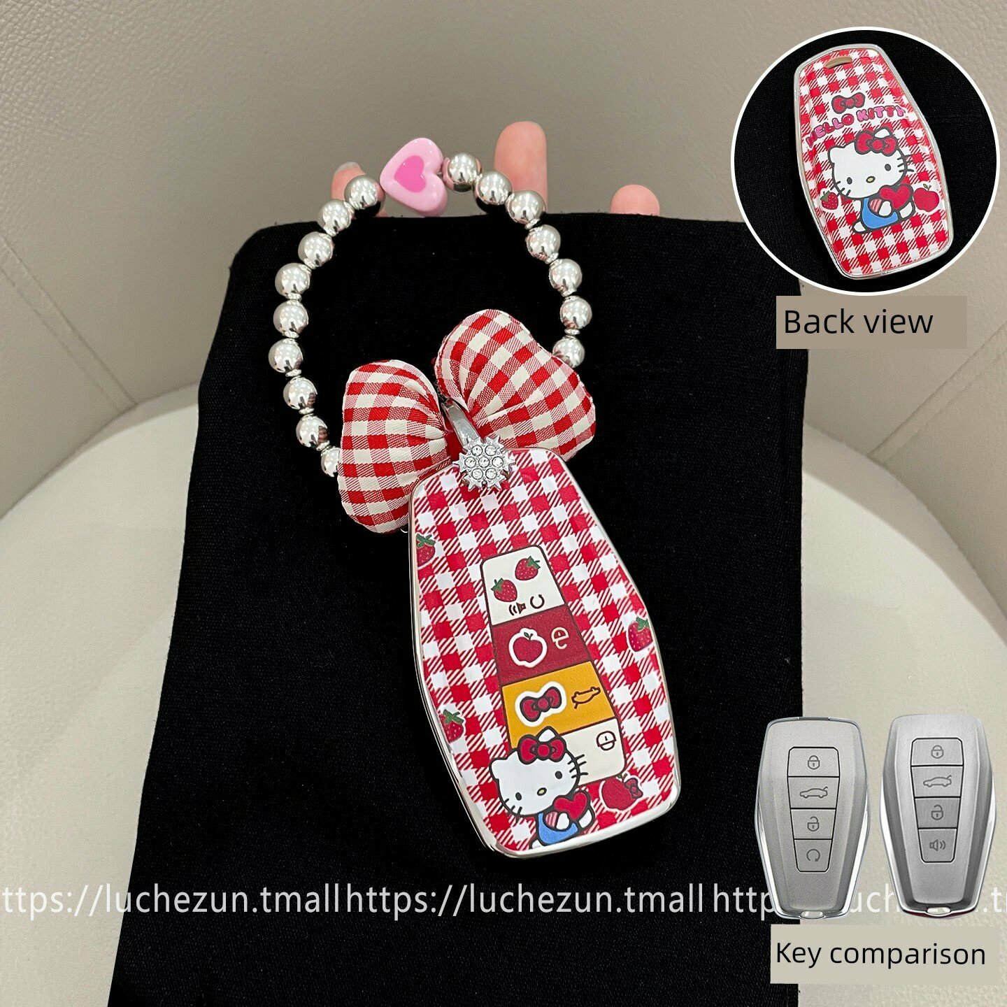 Ключевой брелок с Hello Kitty, сердечком, розовой клетчатой лентой и браслетом для Geely, элегантный дизайн