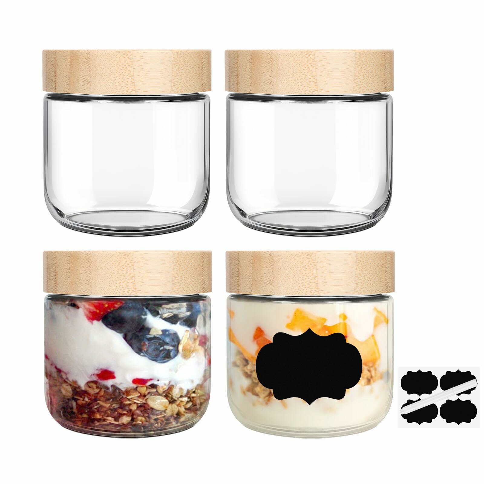 Контейнеры для овсянки на ночь из стекла 10oz с бамбуковыми крышками, 4 штуки – Широкие герметичные банки для хранения продуктов, для подготовки еды, йогурта, салата, пуддинга, хлопьев, специй и других продуктов