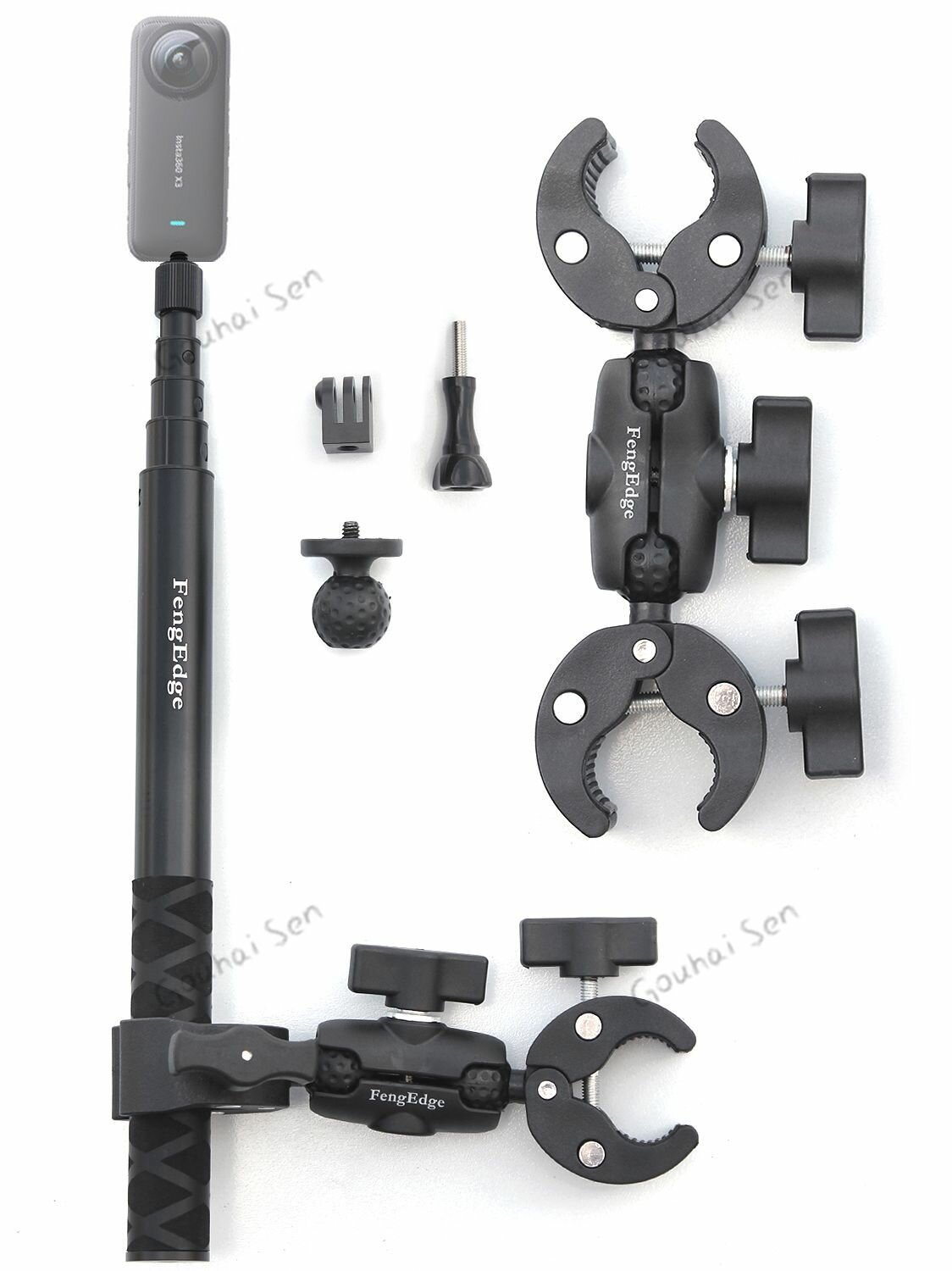 Комплект креплений для велосипеда/мотоцикла: двойной зажим + селфи-палка для экшн-камер (Insta360/GOPRO/Action), 360 градусов регулируемое крепление (зажим 17-40 мм)