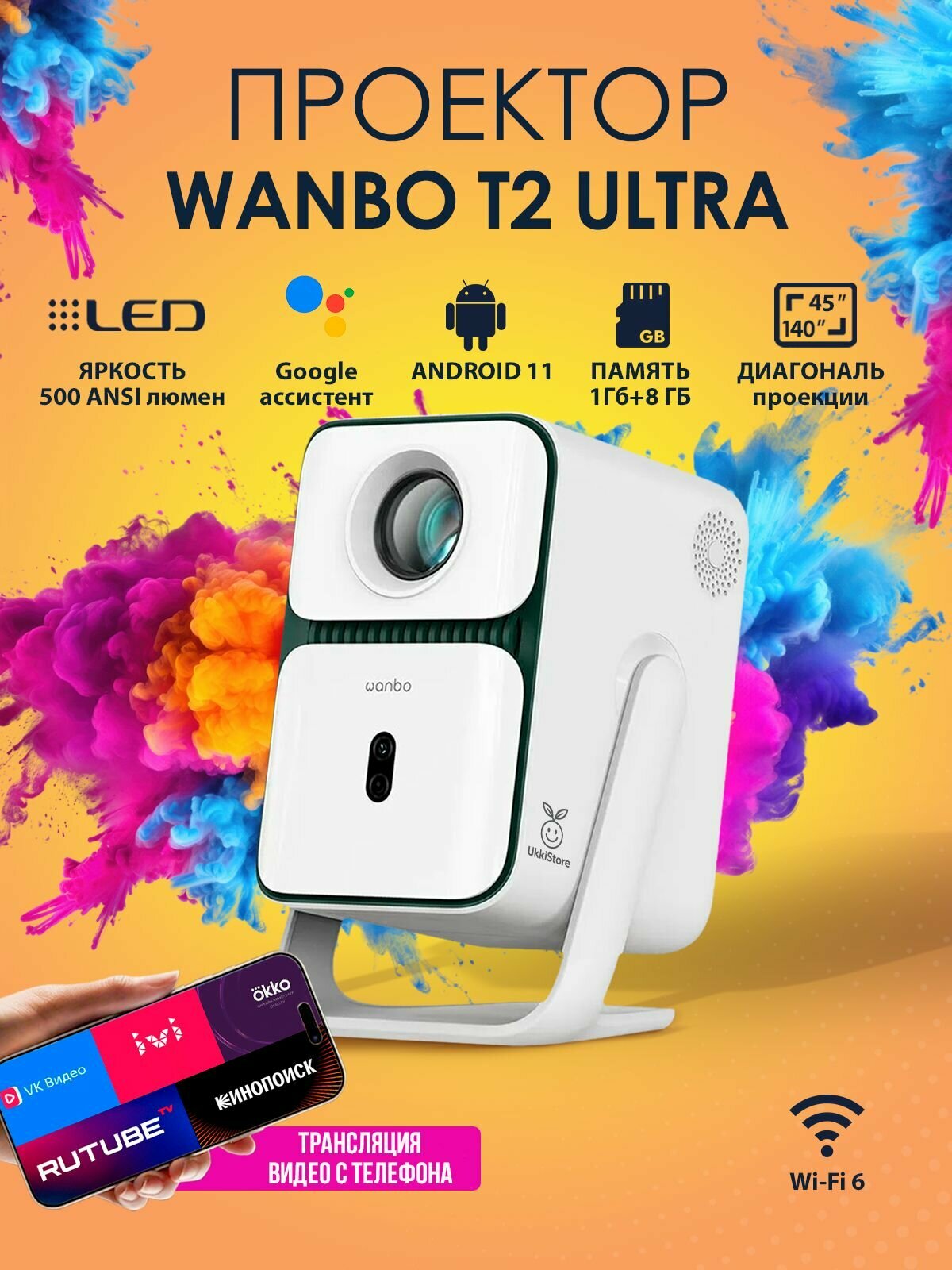 Проектор для фильмов 4к с телефона Wanbo T2 Ultra 500 ANSI, голосовой помощник, Android 11 (WPD24)