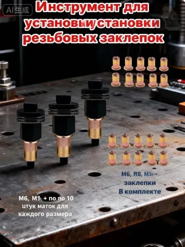 Инструмент-адаптер для установки резьбовых заклепок M6 M8 M10 на дрель/шуруповёрт, заклепочник насадка для креплений металлических изделий