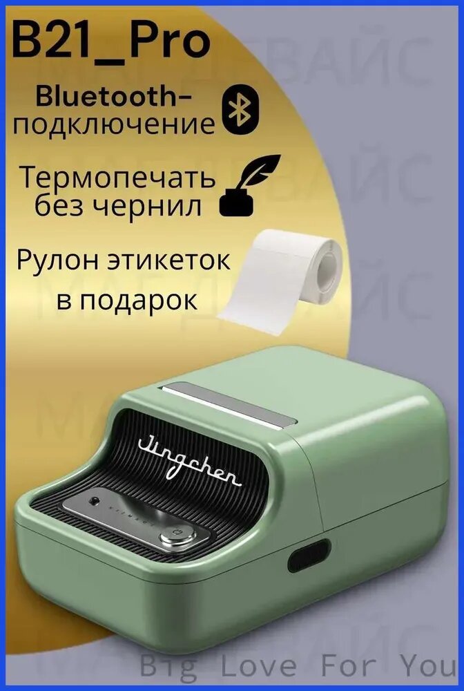 Мини-принтер B21_Pro термотрансферный, монохромный, для этикеток, Bluetooth, темно-зеленый, рулон этикеток в подарок