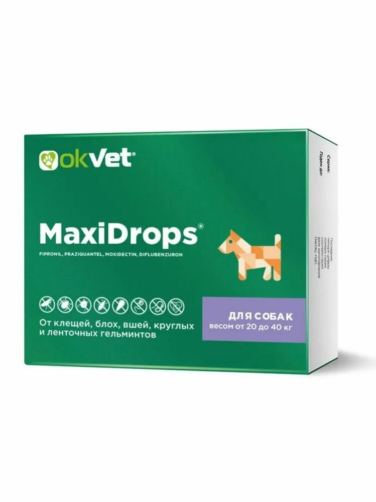 Okvet MaxiDrops капли на холку от паразитов для собак от 20 до 40 кг, 1 пипетка / 4 мл (от клещей, блох, вшей, круглых и ленточных гельминтов)