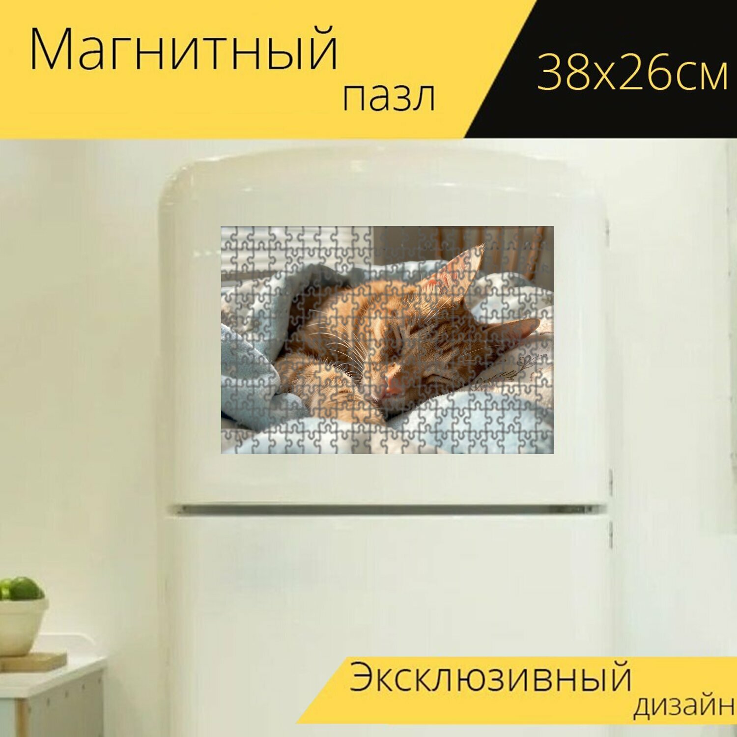 Магнитный пазл "Спящий рыжий кот под пледом. Домашний полосатый питомец мирно дремлет на мягком одеяле в солнечном свете у окна. Уютная спальня, пастельные." для интерьера, 38х26 см.