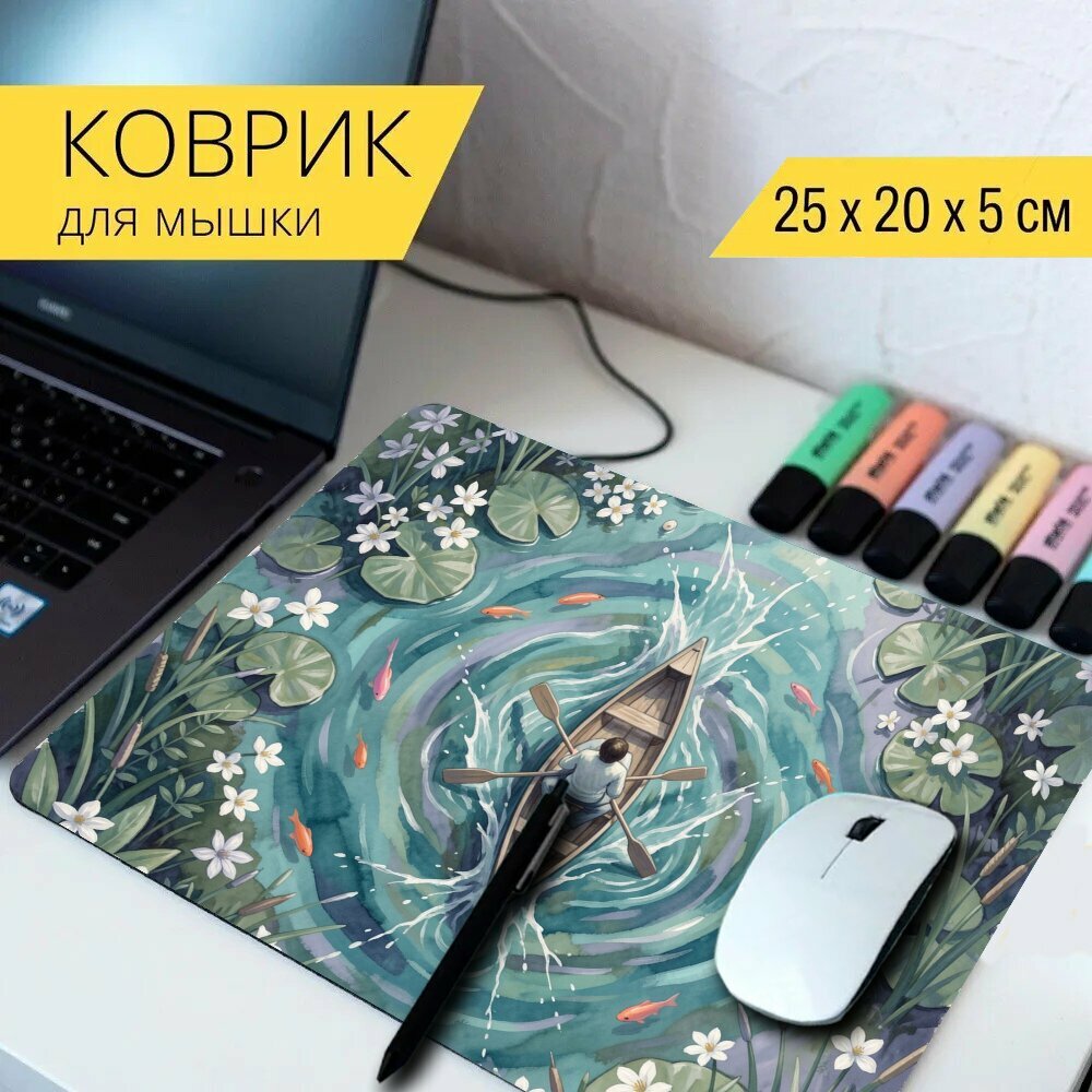 Коврик для мыши с принтом "Лодка на водной глади. Мягкая акварельная иллюстрация: человек в деревянной лодке среди бирюзовых водных кругов, кувшинок, белых цветов и." 25x20см.
