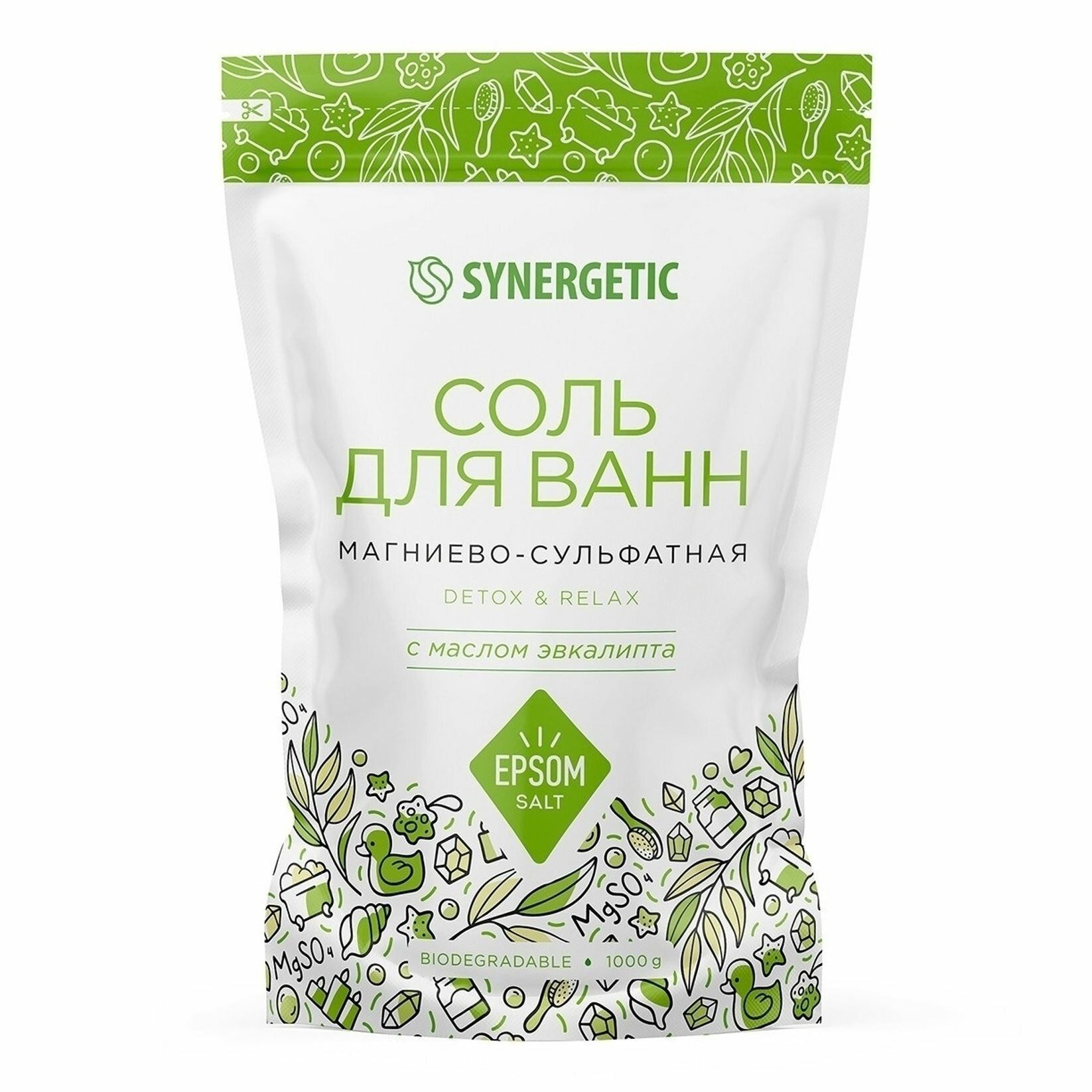 Соль для ванны Synergetic магниево-сульфатная с маслом эвка