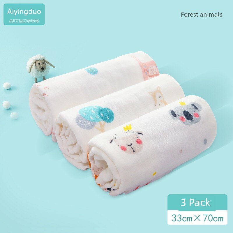 Набор из 3 детских хлопковых салфеток Forest Animals, 33x70 см для купания и одеяла