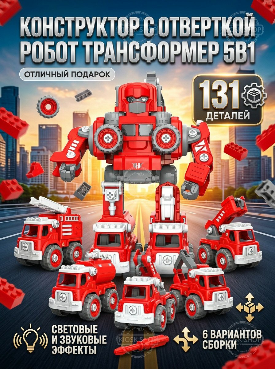 Конструктор с отверткой Робот Трансформер 5 в 1, 131 деталь, игрушки для мальчиков