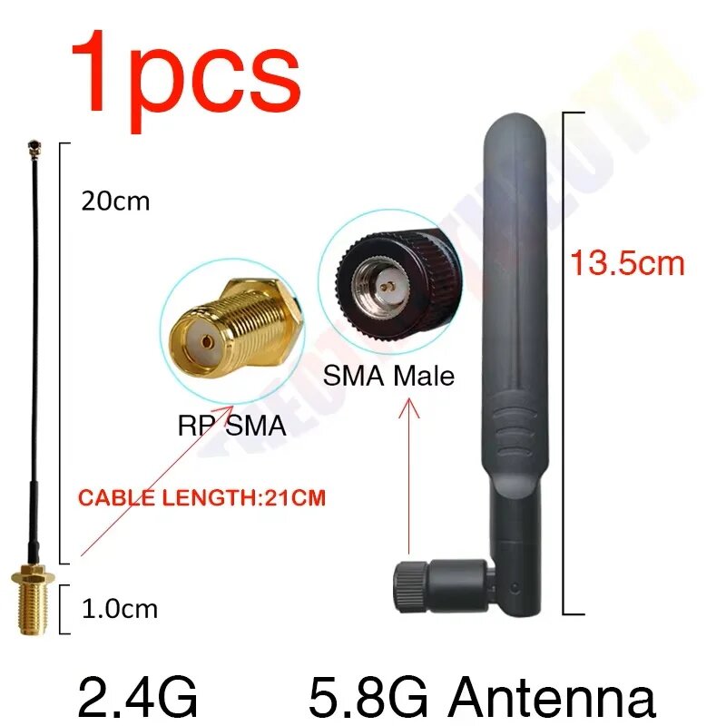 Двухдиапазонная Wi-Fi антенна 2.4G/5.8G, SMA Male, 21см кабель, 13.5см,