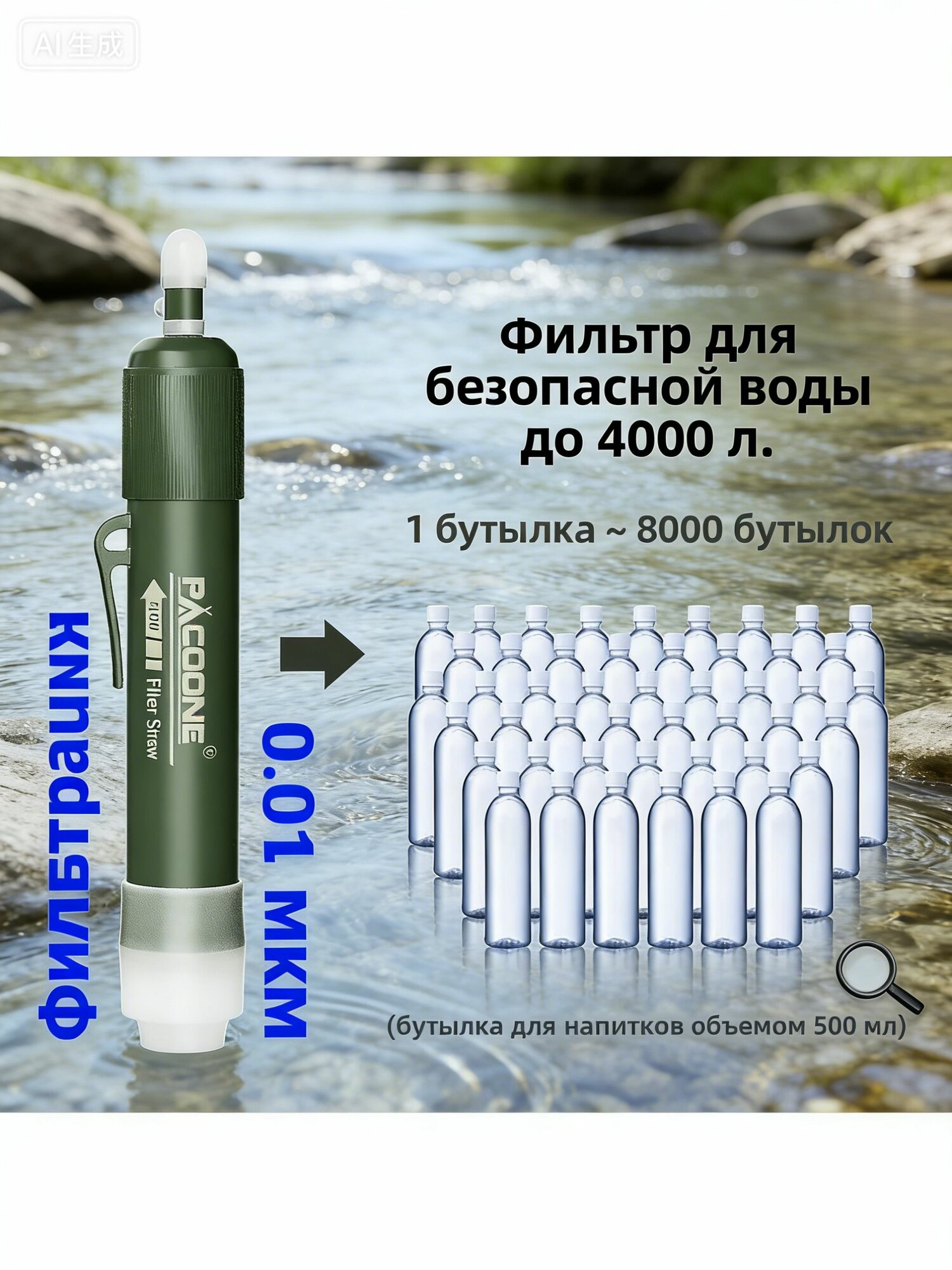 Зеленый портативный фильтр для воды с микрофильтрацией 0,01 мкм для походов и кемпинга походный кемпинговый микрофильтр 0.01 мкм
