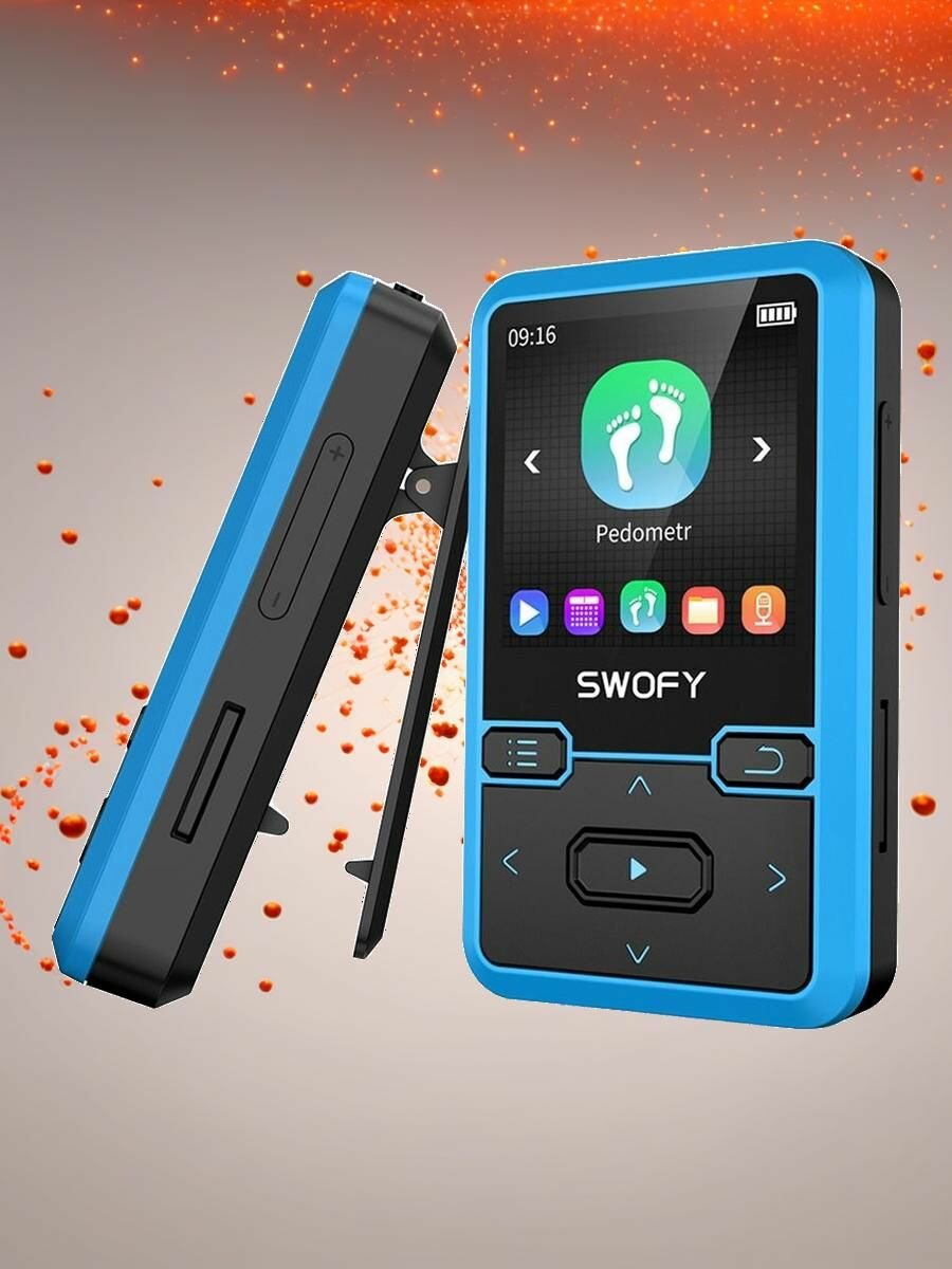 MP3-плеер с Bluetooth 5.0 и портативным зажимом, 32 ГБ/1,44 дюйма, спортивный музыкальный плеер с наушниками, синий/Расширенная память.