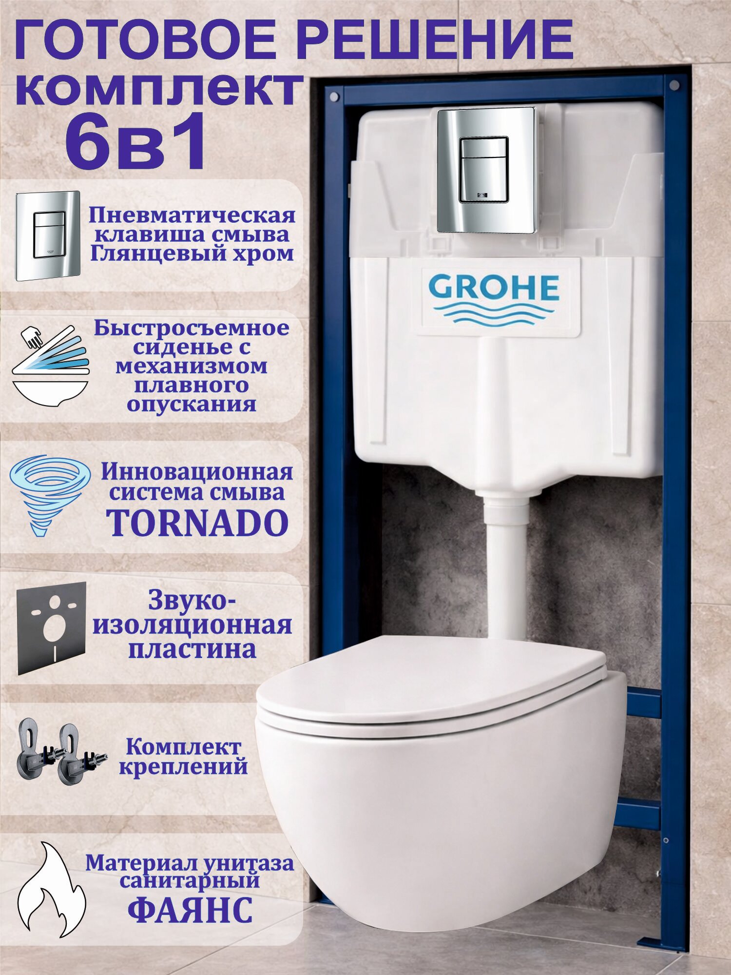 Комплект: инсталляция GROHE с подвесным унитазом GROSSMAN 4455, безободковый, белый с крышкой, микролифт, смыв торнадо, кнопка смыва Глянцевый Хром