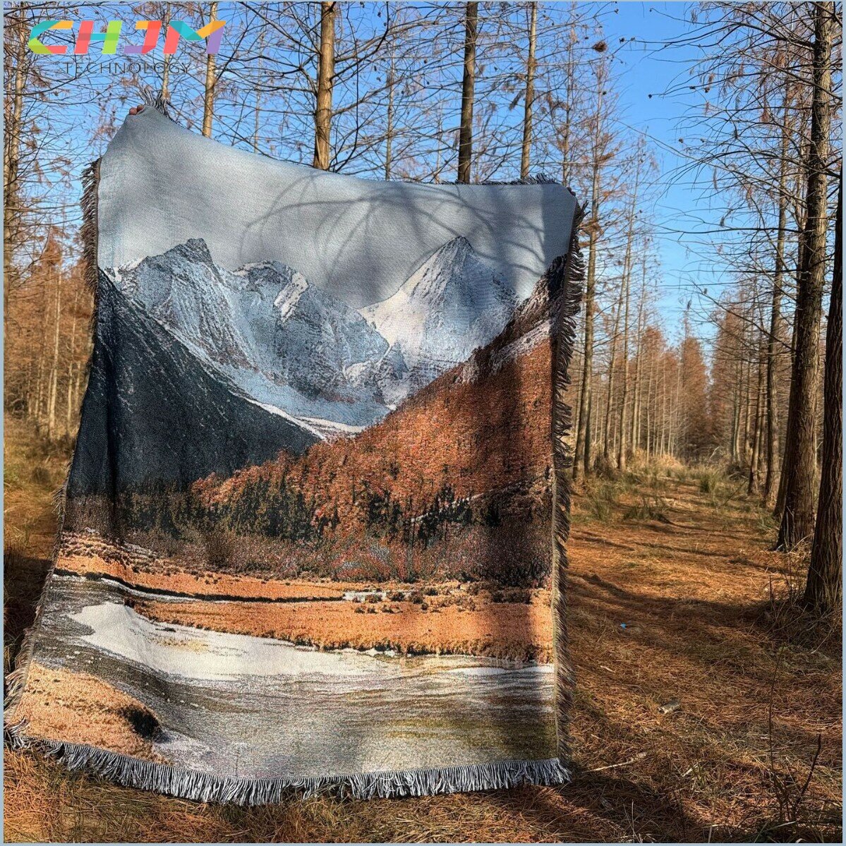 Декоративный плед для дивана 130x160 см с эксклюзивным пейзажем гор и степи Даочэн Ядин, 900 грамм