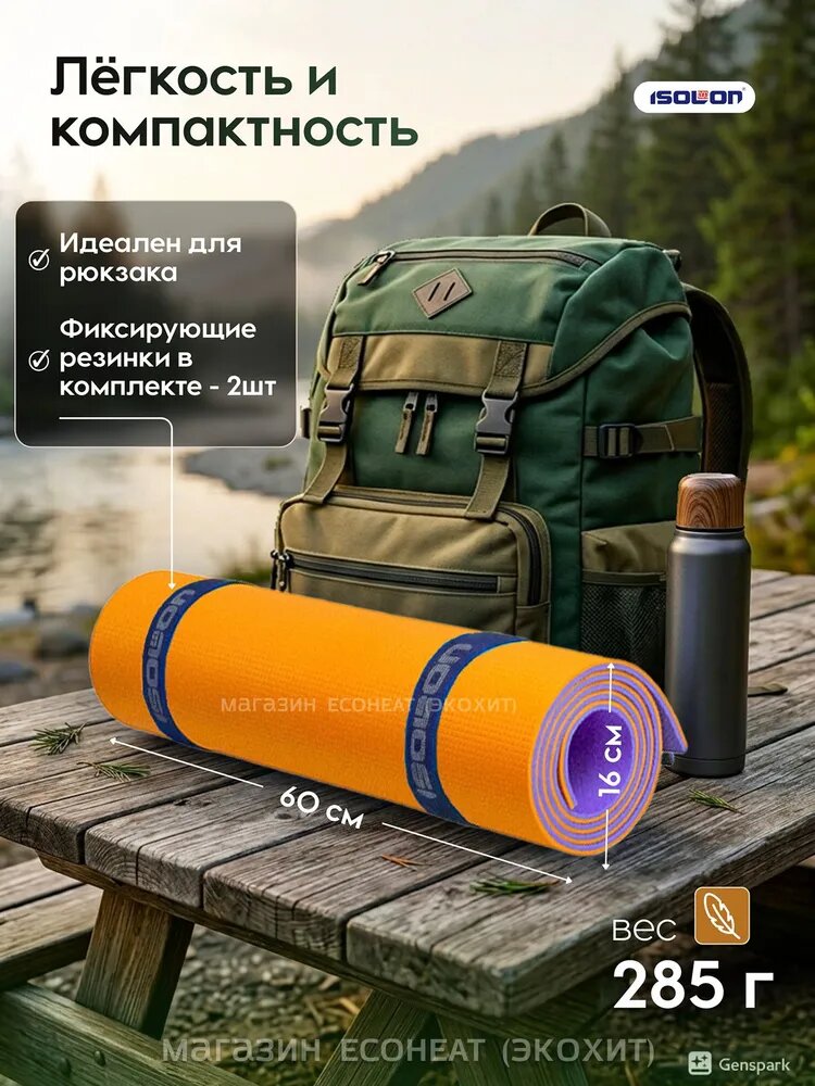 Коврик туристический универсал / ISOLON / 180х60 см. Походный, теплый плотный каремат для охоты, рыбалки и отдыха, не промокает, 2 резинки в подарок
