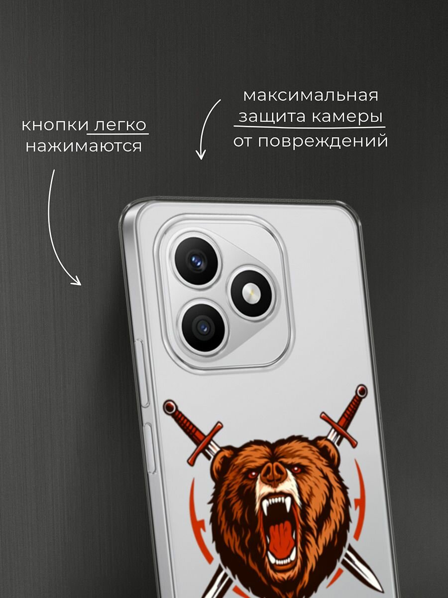 Чехол на Honor X8d / Хонор X8d с принтом Воинственный медведь, прозрачный — фото 1