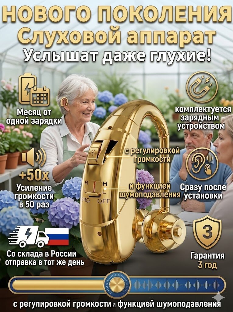 Накладной слуховой прибор с зарядным устройством для пожилых и взрослых