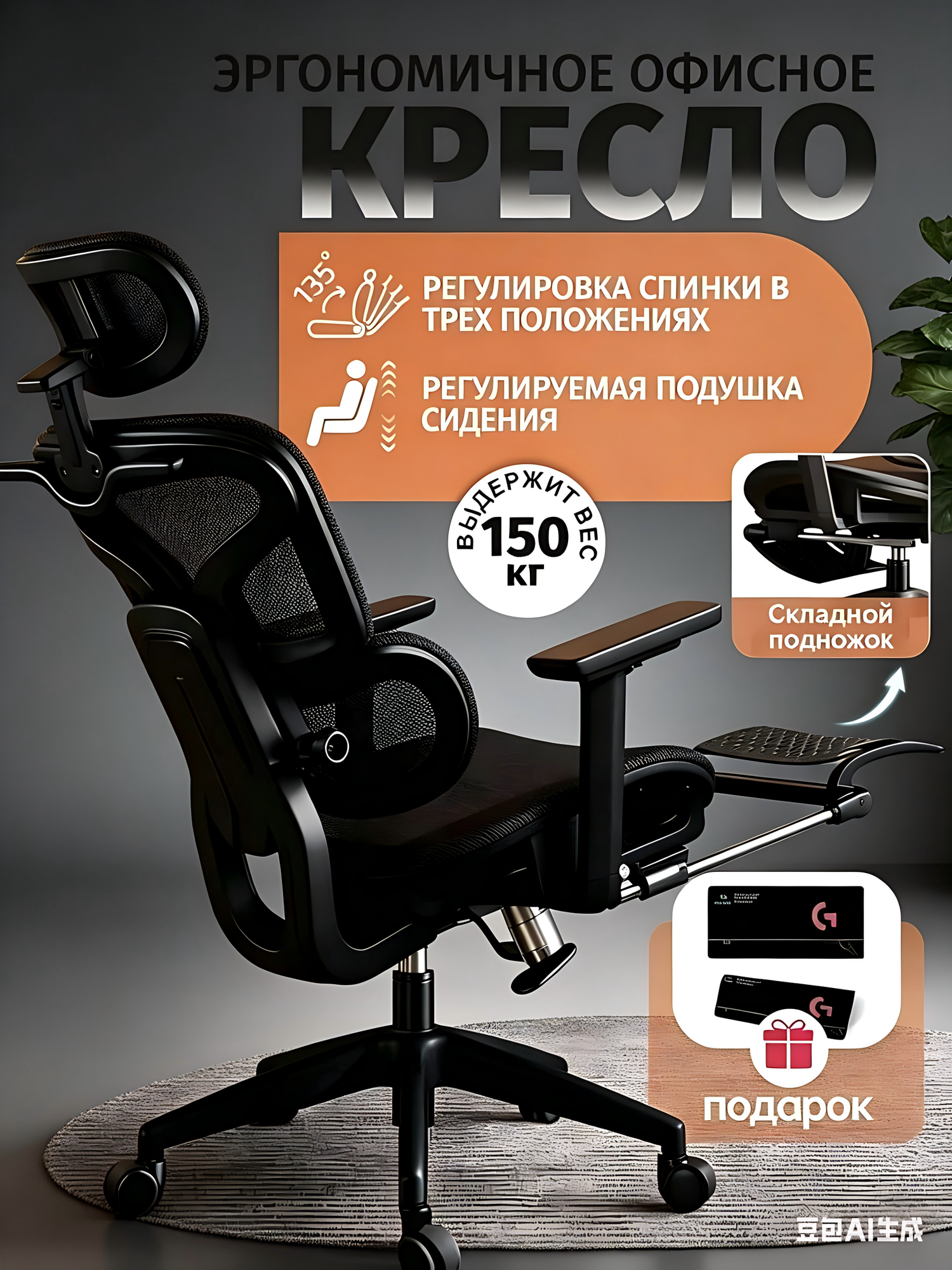 Игровое кресло "Игровое кресло", черное, эргономичное, с подголовником, с подлокотниками