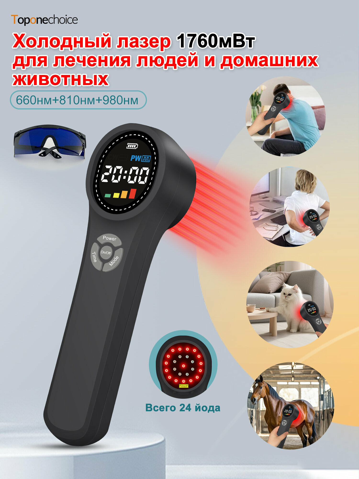 Холодный лазерный аппарат 24 диода 3 волны регулируемая мощность для лечения боли шее плечах пояснице ног Toponechoice
