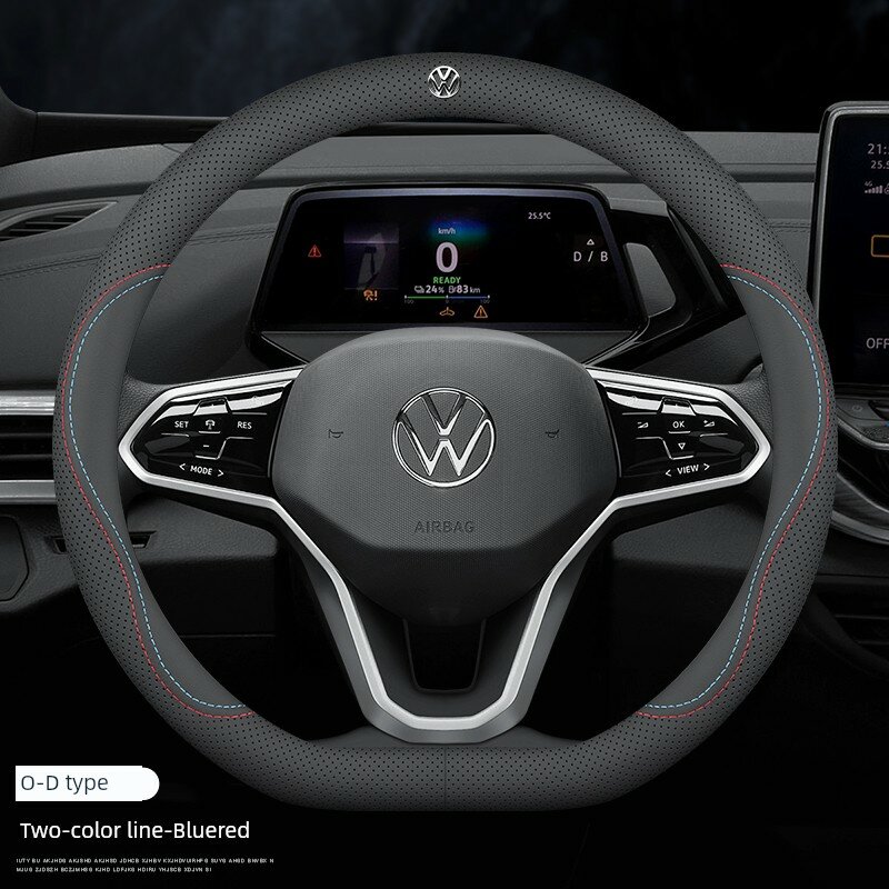 D-образный кожаный чехол для руля Volkswagen Passat, Tiguan, Teramont с красно-синими швами и логотипом Volkswagen