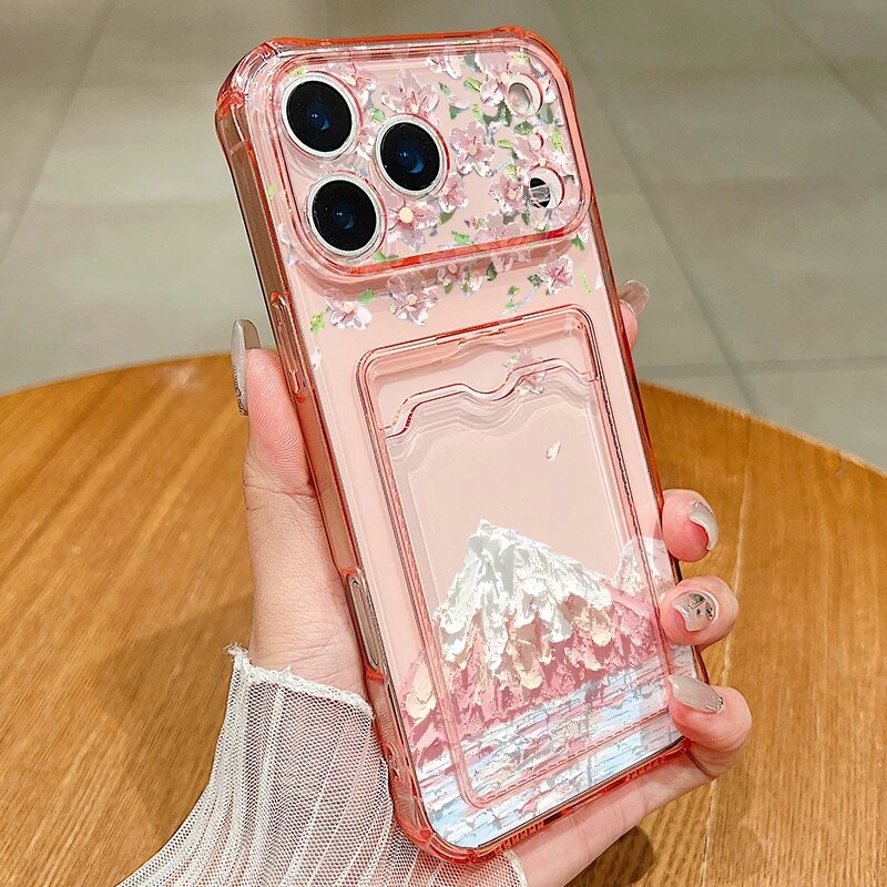 Чехол iPhone 16 Pro розовый B099 с Mt. Fuji и цветами
