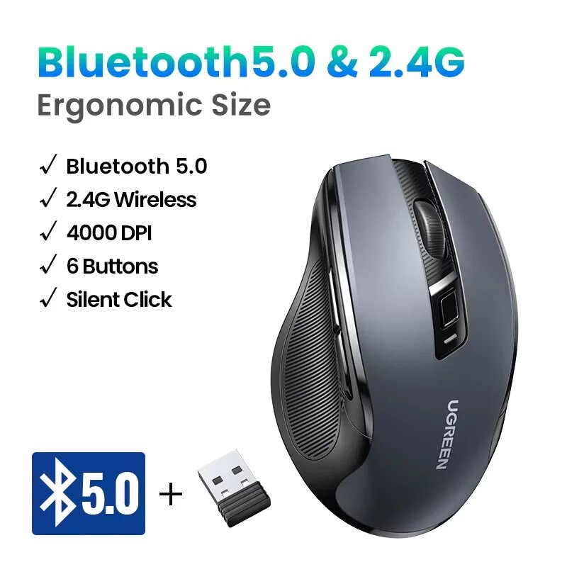 Беспроводная мышь UGREEN Bluetooth 5.0, 2.4G, 4000 DPI, черная