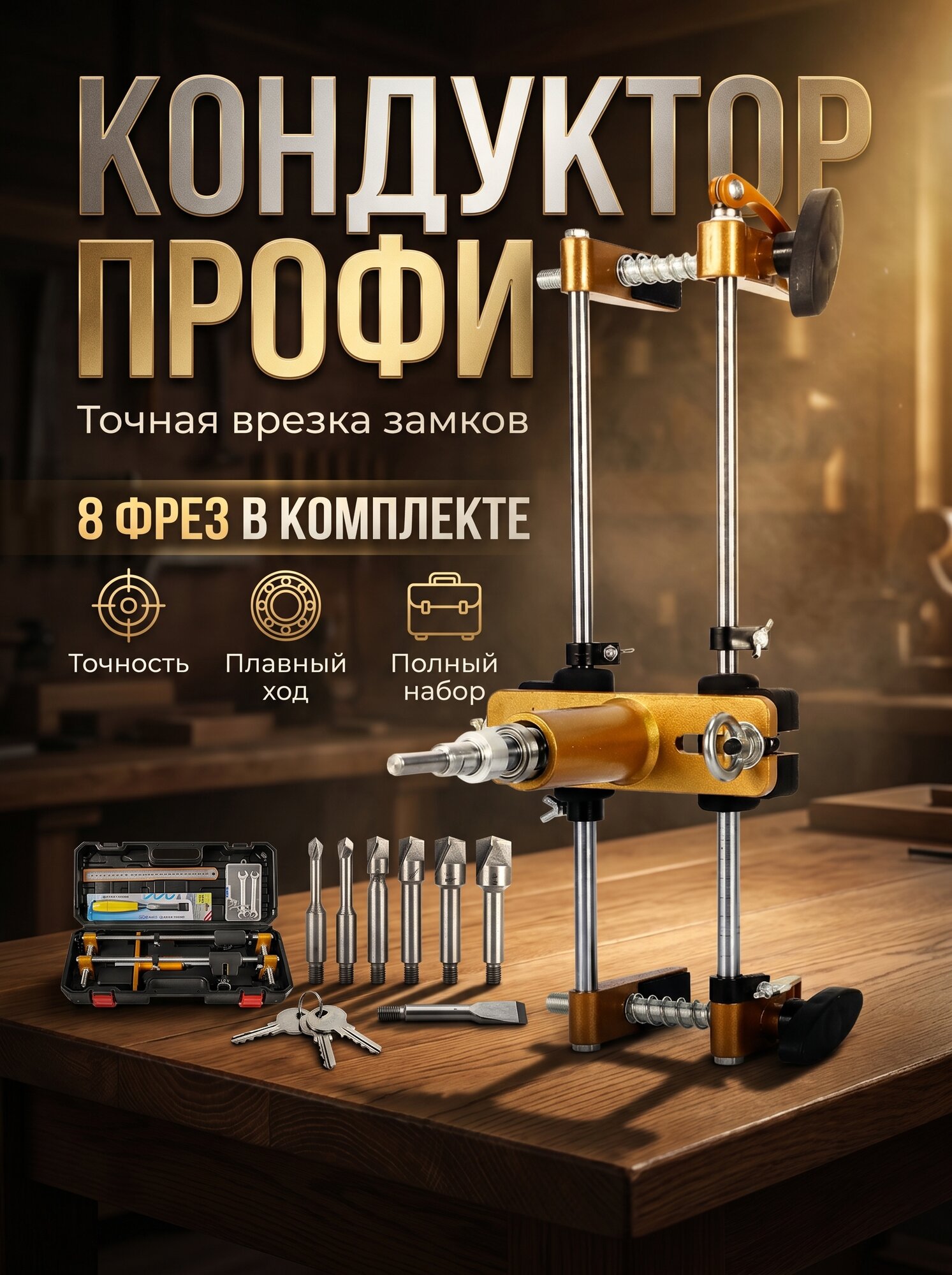 Кондуктор для врезания дверных замков, ручек, личинок Профи, +8 фрез