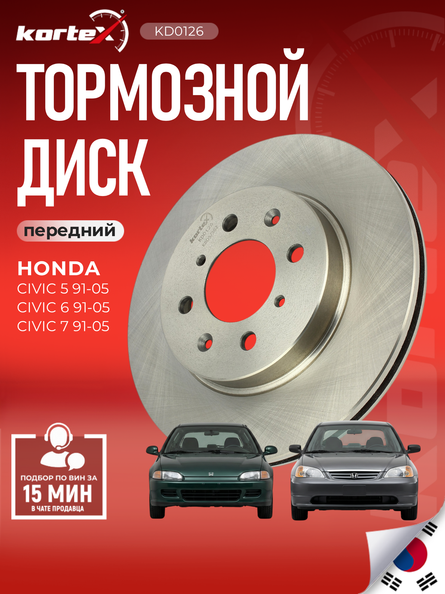 Диск тормозной Kortex для HONDA CIVIC V / VI / VII 91-05 передний вентилируемый(d-262mm)