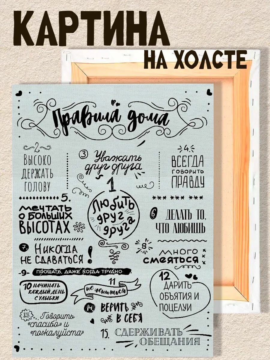 Картина на стену Правила дома, на подрамнике, 1шт, 55х38 размер.