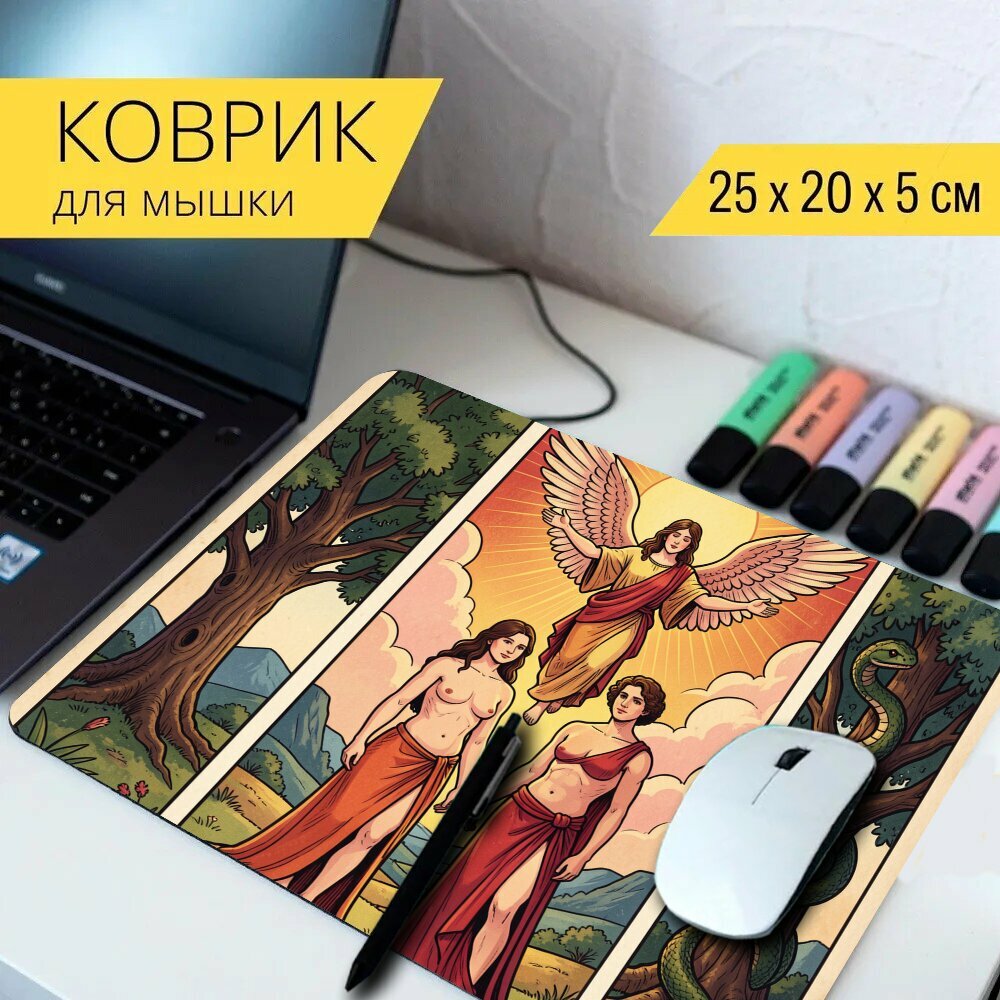 Коврик для мыши с принтом "Аркан влюблённые с ангелом. Таро-иллюстрация в винтажном стиле: пара в античных одеждах, парящий крылатый ангел, символы дерева и змеи, тёплые." 25x20см.