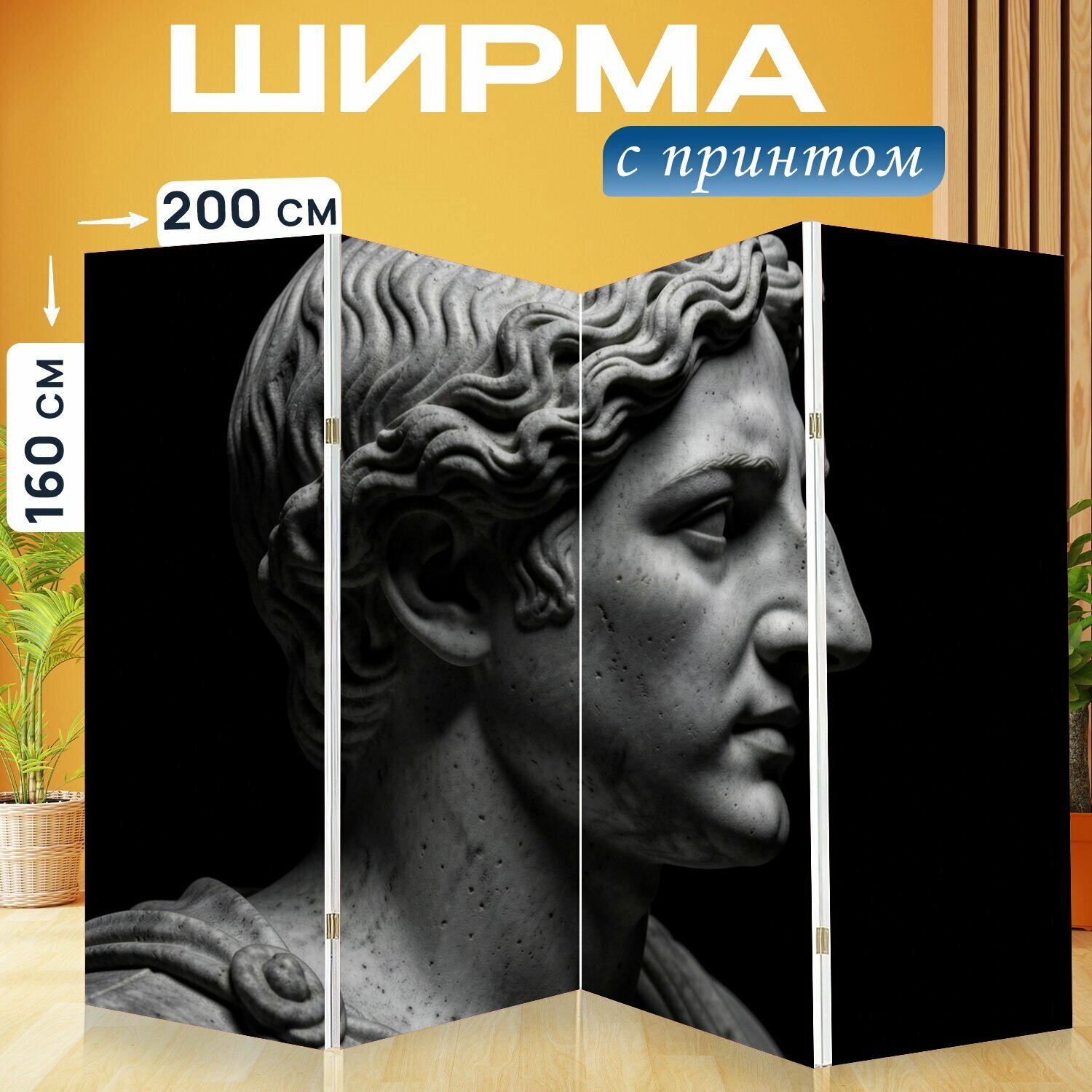Ширма "Античный мраморный бюст в профиль. Классическая скульптура мужчины в боковом ракурсе на черном фоне." перегородка для зонирования комнаты с принтом 200x160 см. на холсте
