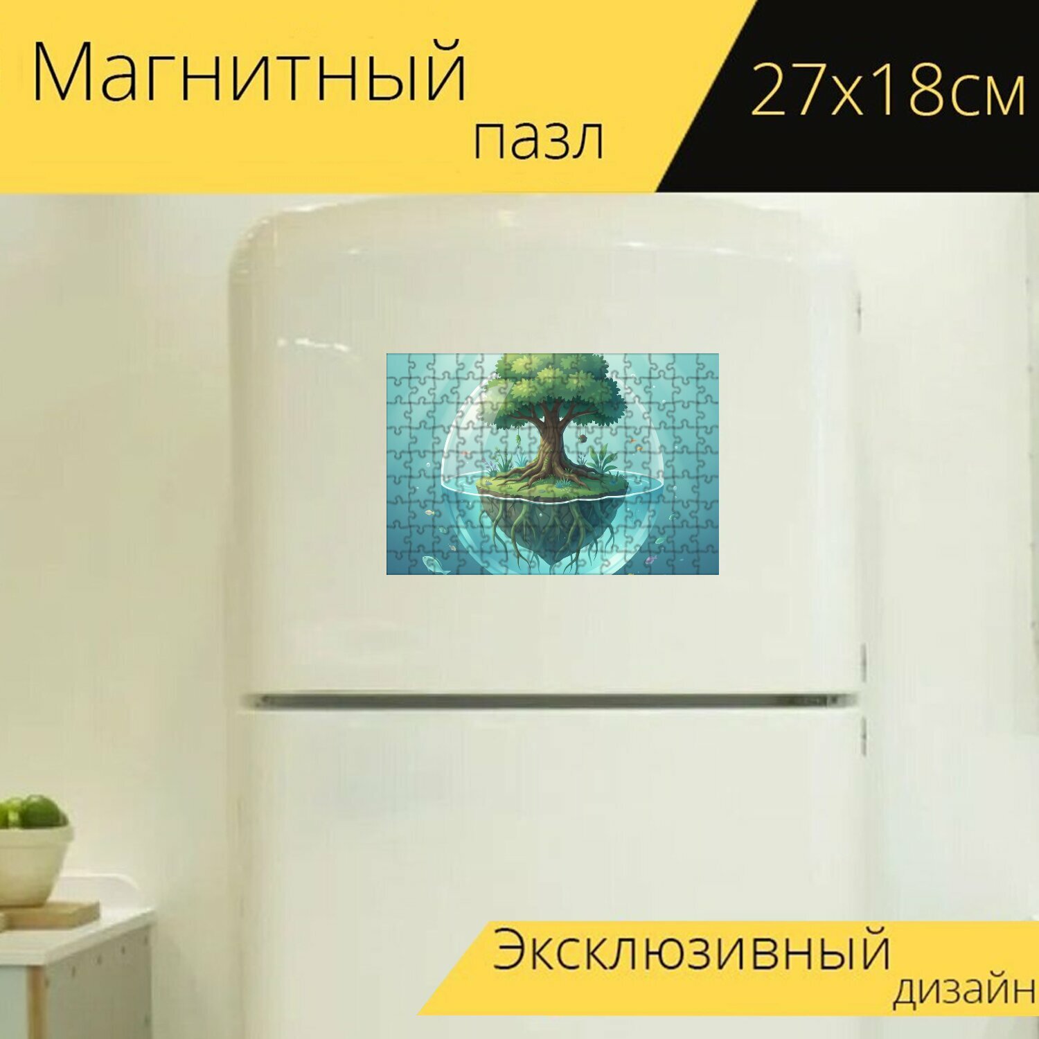 Магнитный пазл "Островное дерево в водной сфере. Сказочная экосцена: раскидистое дерево под прозрачным куполом, парящие рыбки, отражения воды и лучи." на холодильник 27 x 18 см.