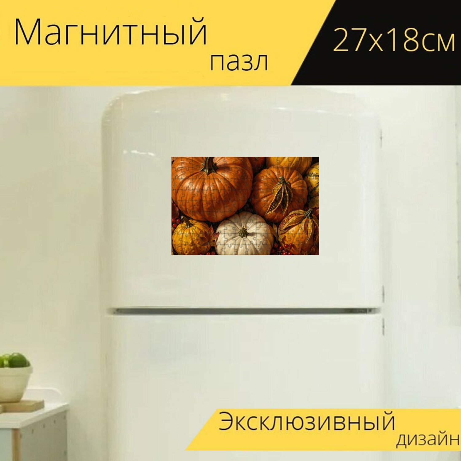 Магнитный пазл "Осенний натюрморт с тыквами. Тёплая композиция из спелых овощей, ягод и кленовых листьев в насыщенных оранжевых, жёлтых и красных тонах." на холодильник 27 x 18 см.