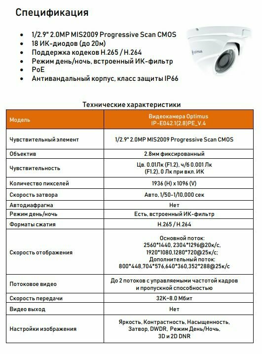 Видеокамера Optimus IP-E042.1(2.8)PE_V.4 — фото 1