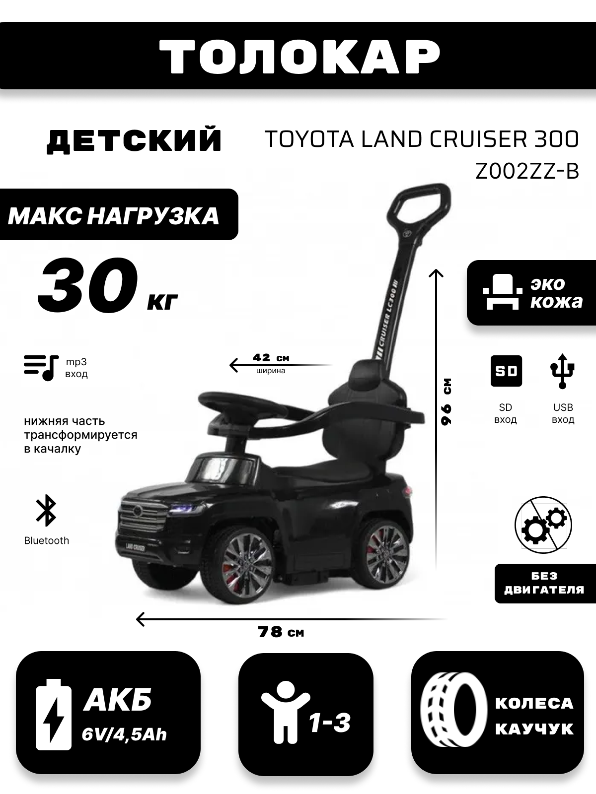 Детский толокар Toyota Land Cruiser 300 Z002ZZ-B черный