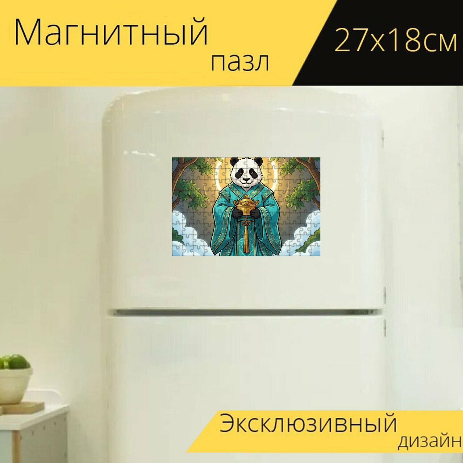 Магнитный пазл "Панда в восточном одеянии. Милый медведь в бирюзовом традиционном наряде держит золотой сосуд, стоит среди деревьев и облаков на фоне." на холодильник 27 x 18 см.