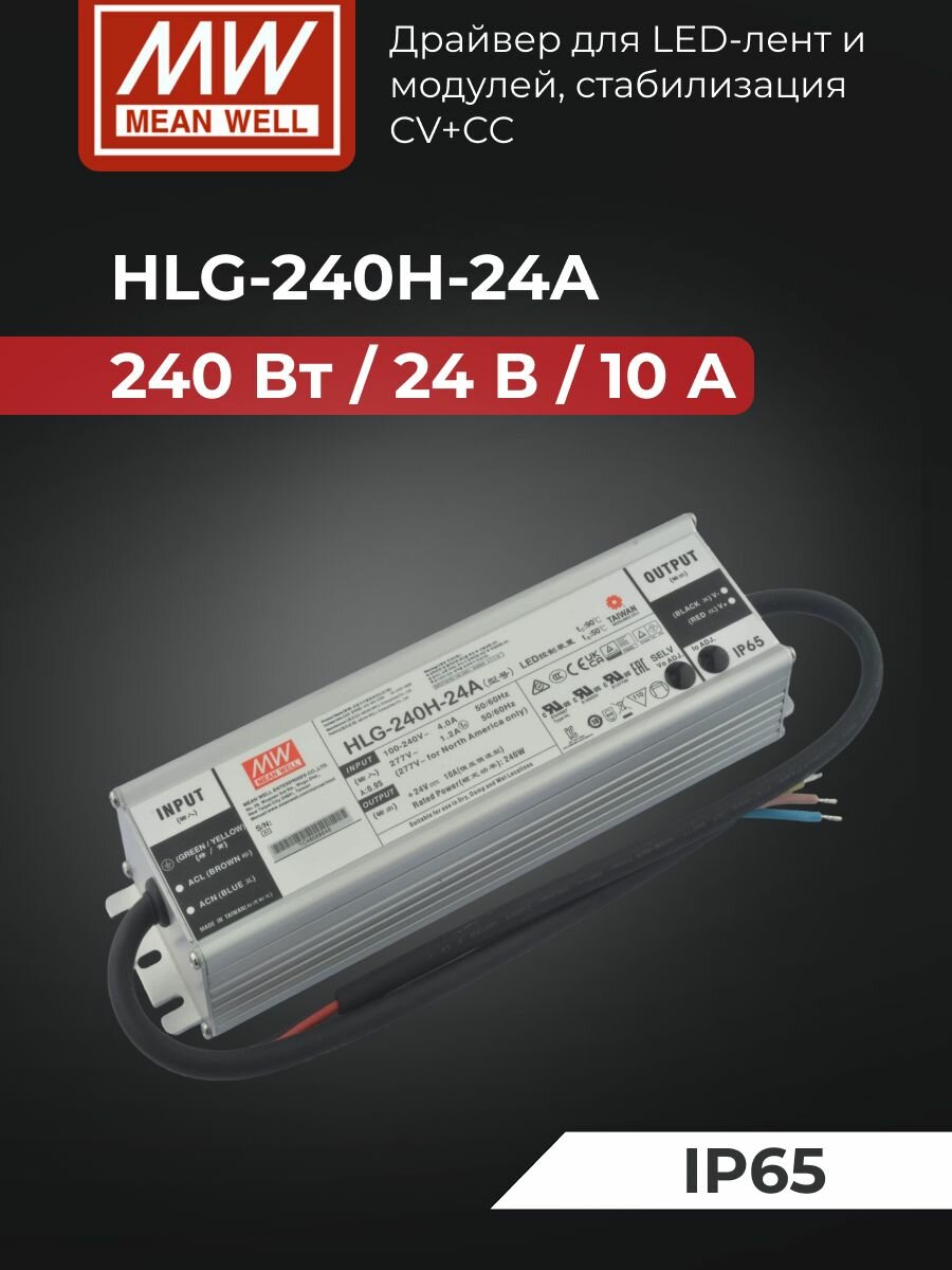 HLG-240H-24A MEAN WELL Светодиодный драйвер 240Вт 24В 10А для наружного и внутреннего освещения, защита IP65, стабилизация CV+CC, коррекция коэффициента мощности, металлический корпус, потенциометр