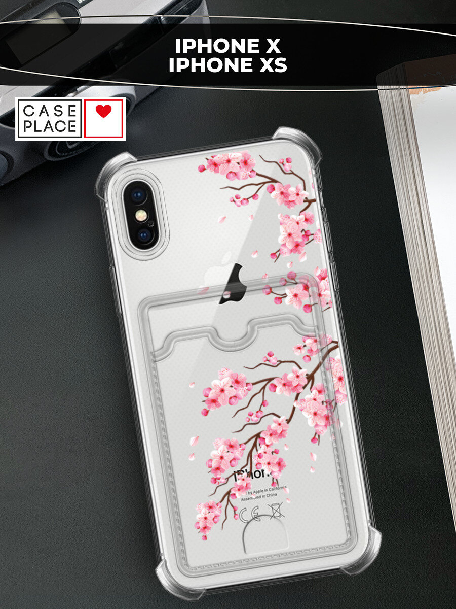 Чехол на Apple iPhone X/XS (Айфон X/XS) с картой и принтом "Розовая ветка сакуры"