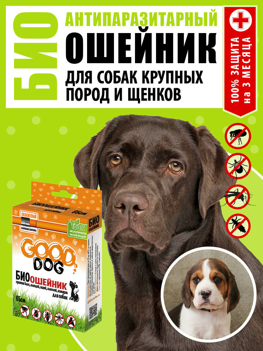 Good Dog Антипаразитарный БИОошейник для собак от блох и клещей, оранжевый 65см