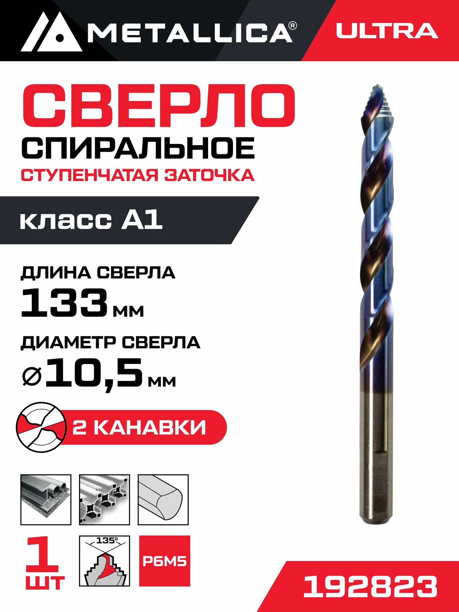 Сверло по металлу шлифованное METALLICA Ultra 10,5х133/87 мм, Р6М5-S ступенчатая заточка, 1 шт