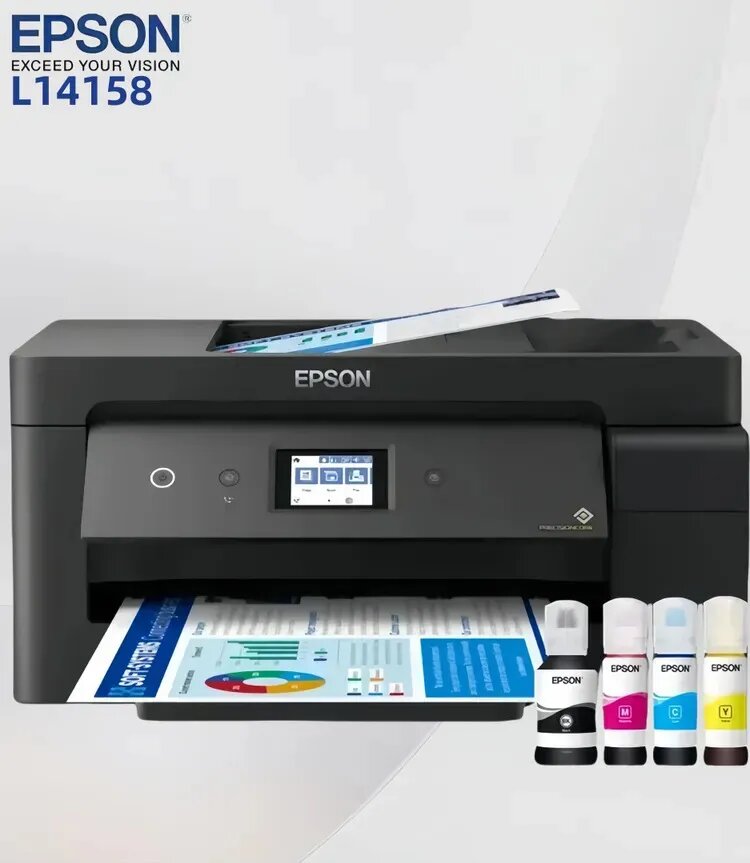 Epson МФУ Струйное L14158, СНПЧ, цветн, 4-в-1, USB, WiFi, A3+, Автоматическая двусторонняя печать, черный, черно-серый
