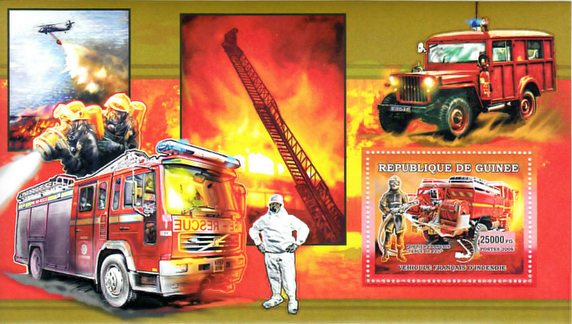 Почтовые марки Гвинея 2006г. "Французская пожарная машина" Пожарные, Автомобили MNH