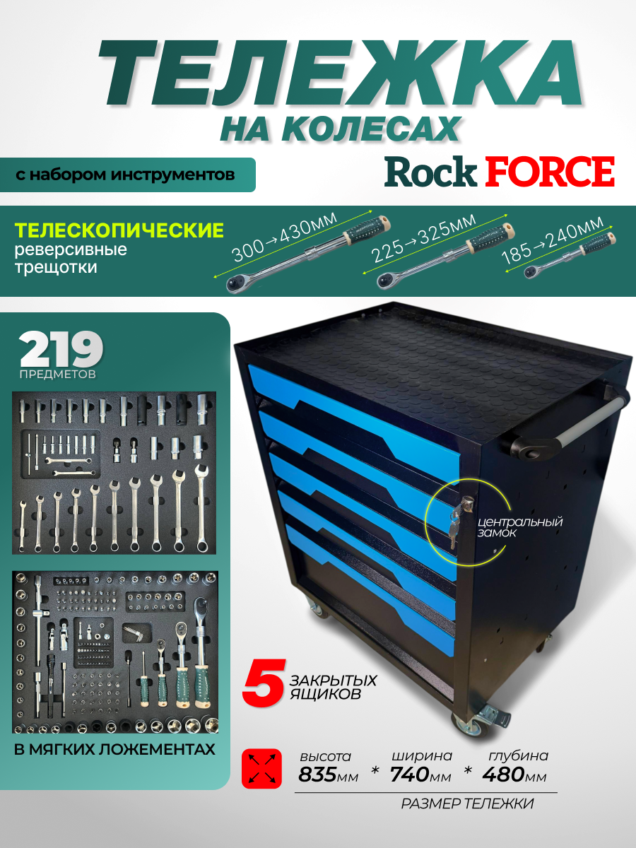 Тележка с замком и комплектом профессионального инструмента Rock Force 219 пр. с телескопическими трещотками