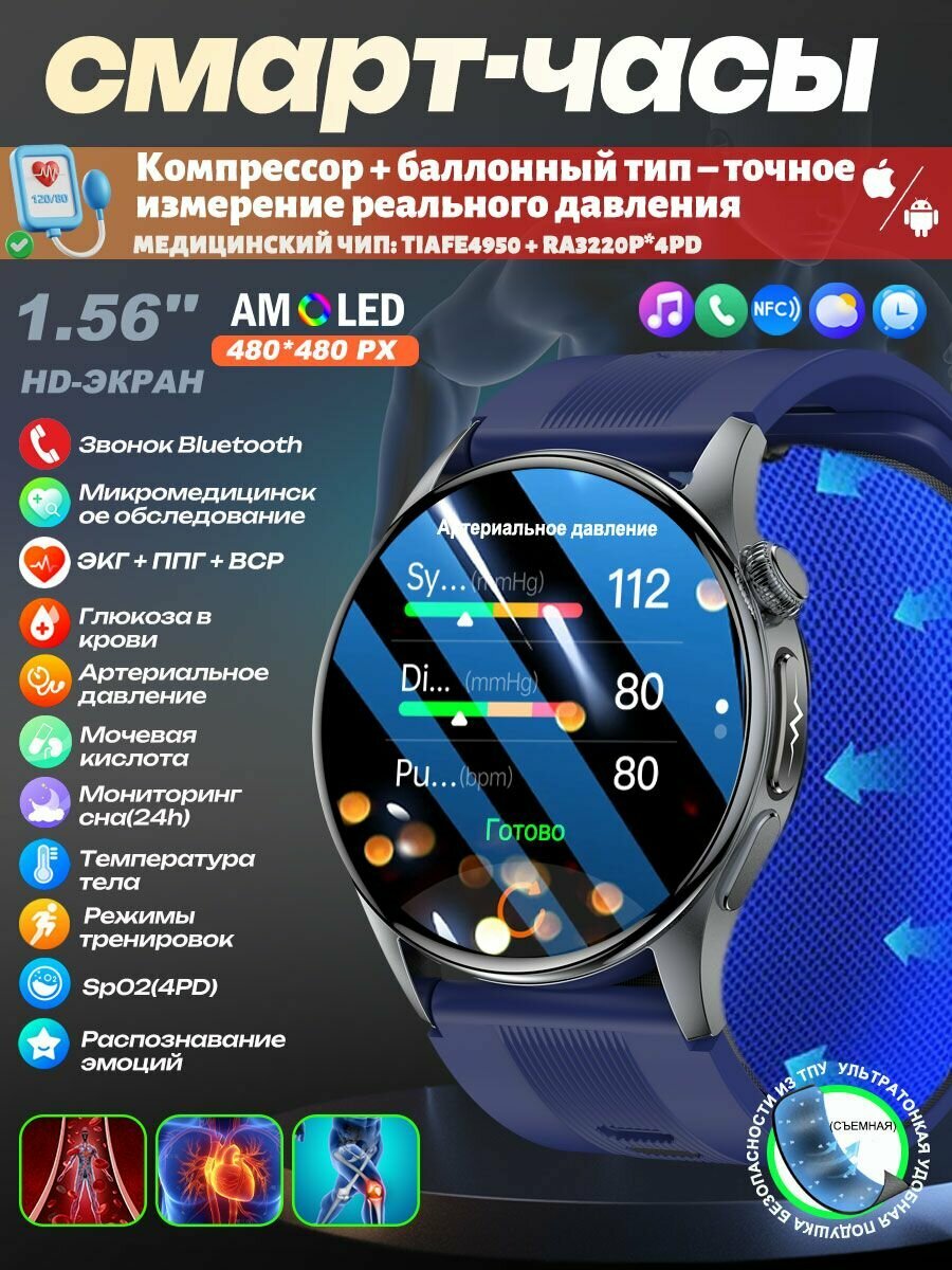 Cмарт часы с тонометром и точным измерением давления, женские с экг, NFC, Уровень сахара в крови, телефон, температура тела, уровень мочевой кислоты, отслеживание физической активности