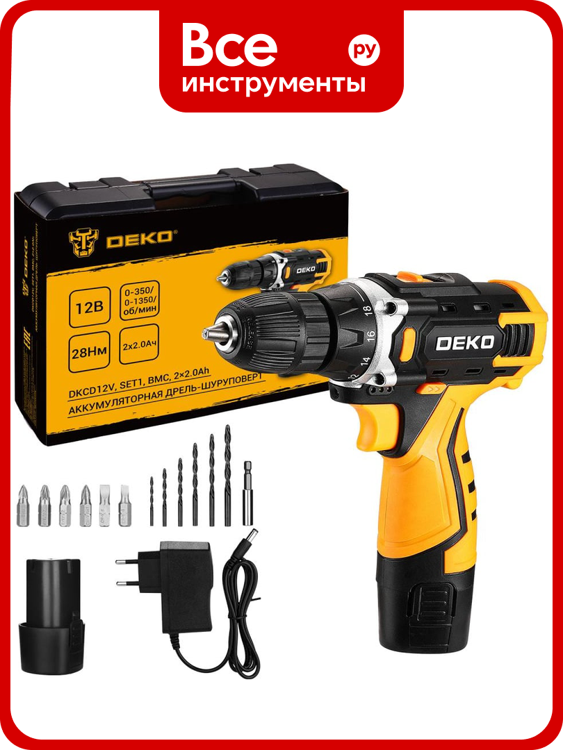 Аккумуляторная дрель-шуруповерт DEKO DKCD12V SET1 в кейсе + оснастка 13 шт, 2_2,0 А·ч 083-1022