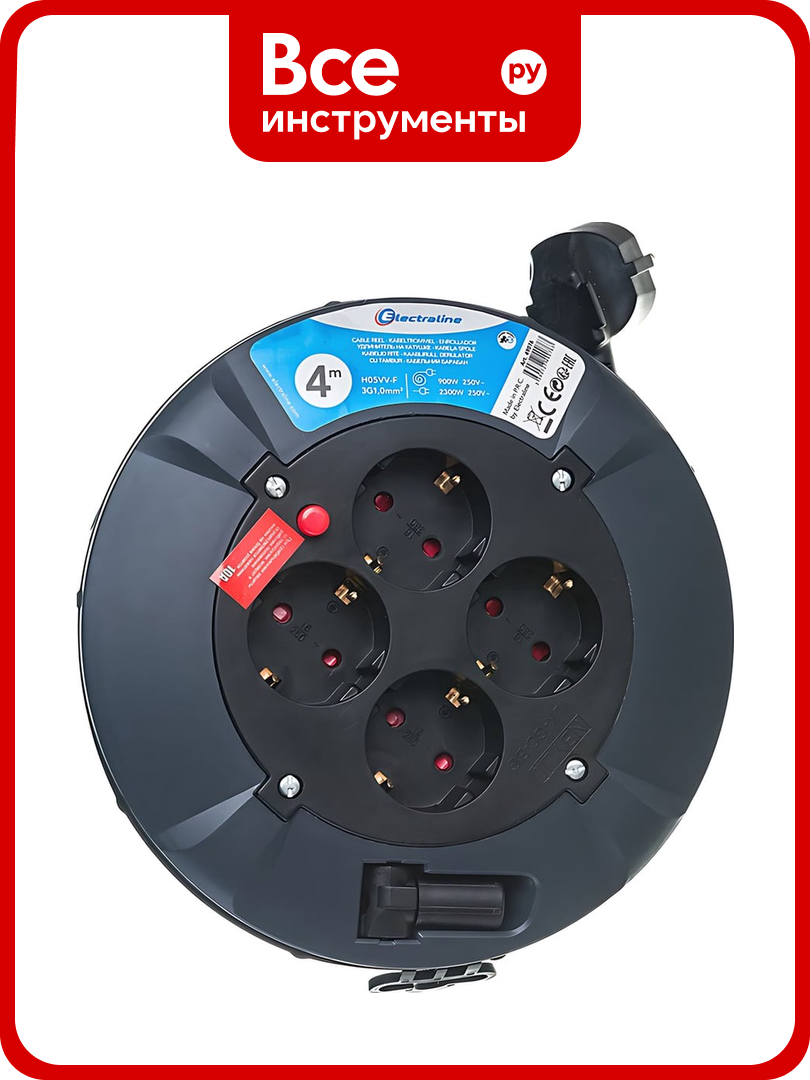 Кабельный барабан Electraline FIXED PANEL с 4 гнездами кабель ПВС 3x1,0-4М 49076, себе надежность, в любых условиях