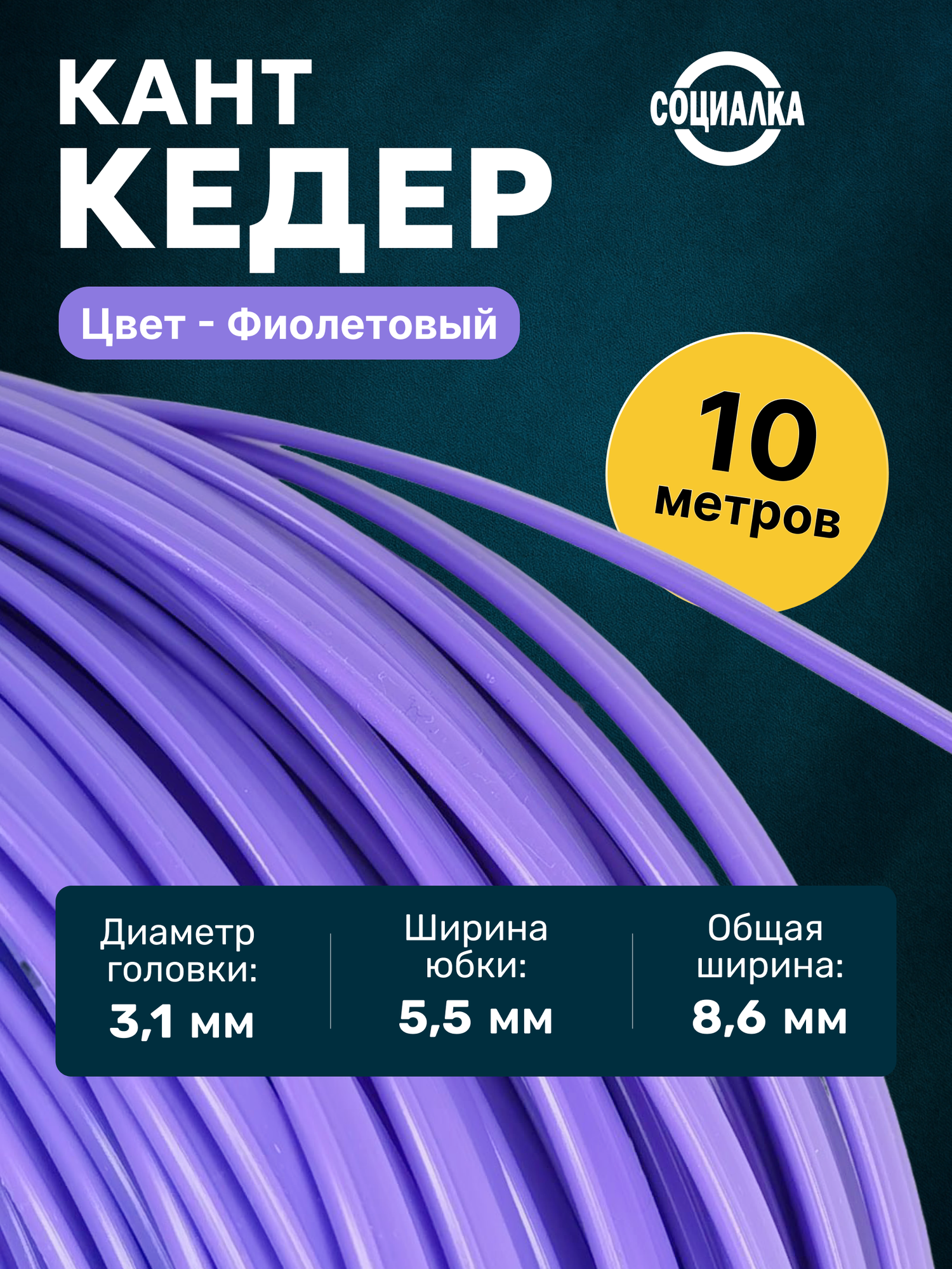 Кедер(кант, жилка) для сумок, авточехлов и одежды, намотка 10м, фиолетовый/размер: ширина головки3,1мм; длина юбки 5.5мм