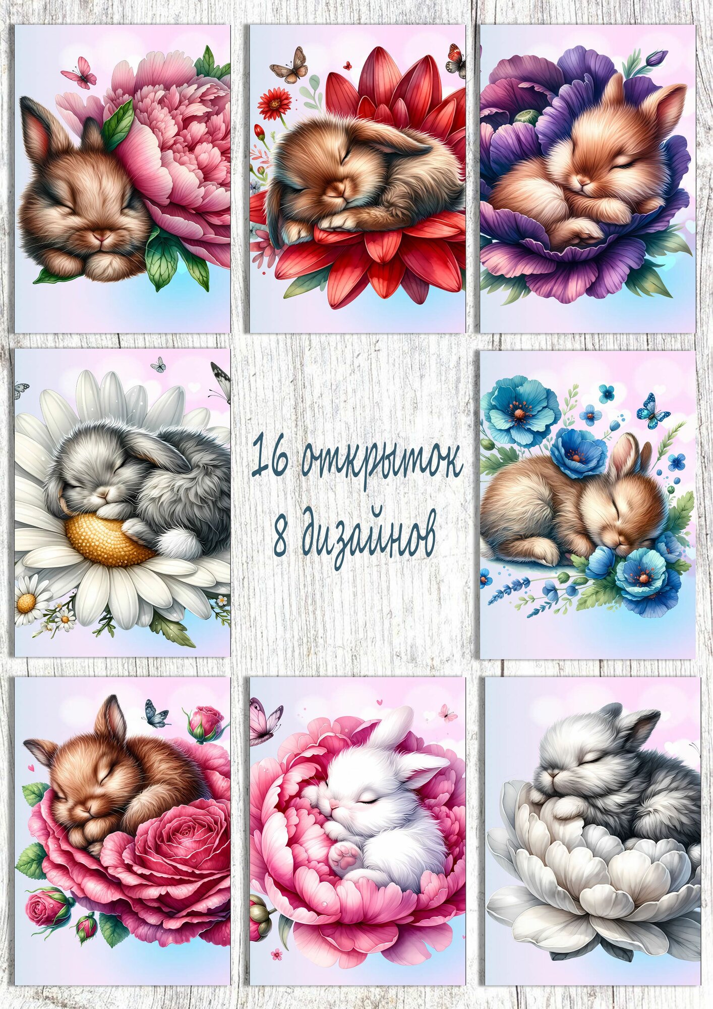 Открытки зайки с цветами, 16 штук
